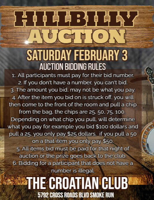 HILLBILLY AUCTION rules | PosterMyWall