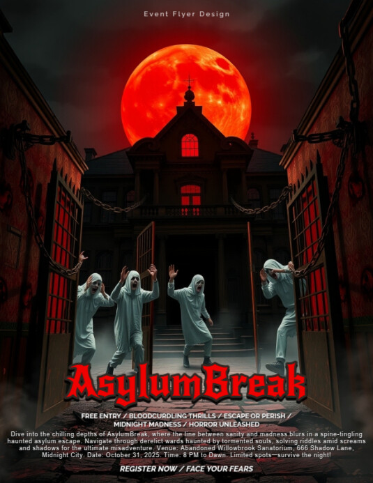 Eerie haunted asylum escape Halloween horror flyer design template เทมเ ...