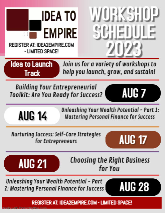 August I2E Workshop Calendar 2023 | PosterMyWall