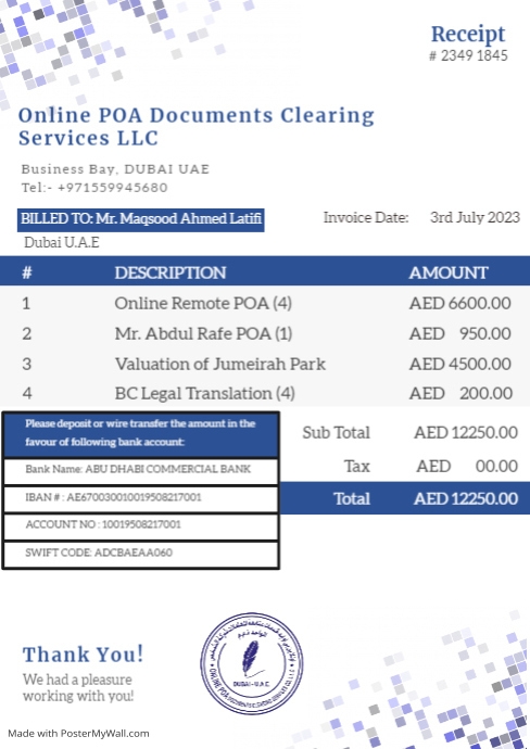 Invoice for Mr. AMERIGO GUIDO SCHWARZ (1) | PosterMyWall