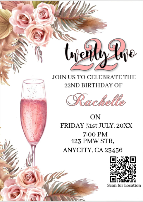Elegant 22nd Birthday Party Invitation Flyer Template | PosterMyWall