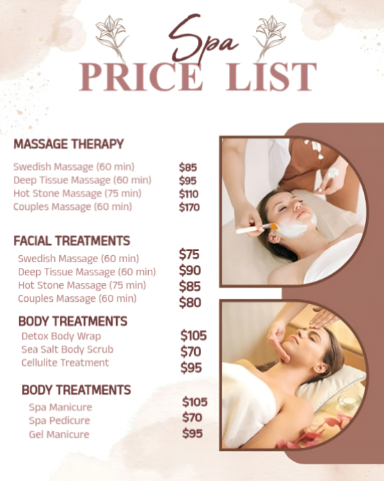 Plantilla de Elegant Beige "Spa Price List" Massage & | PosterMyWall