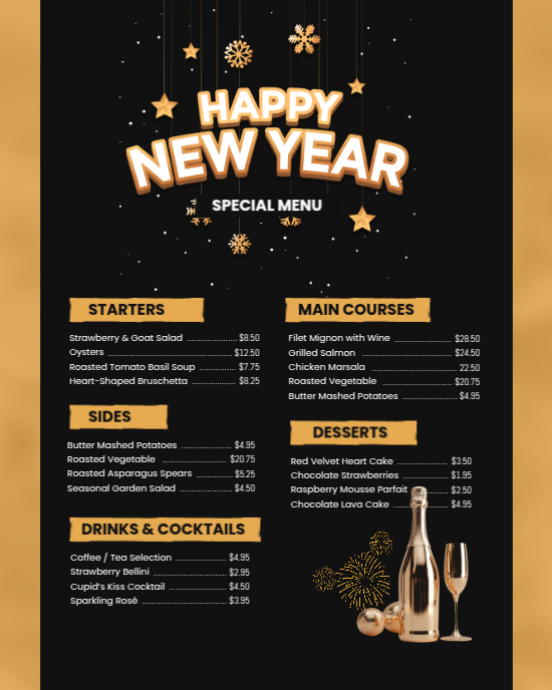 Elegant Black and Gold Happy New Year Special Menu Template | PosterMyWall