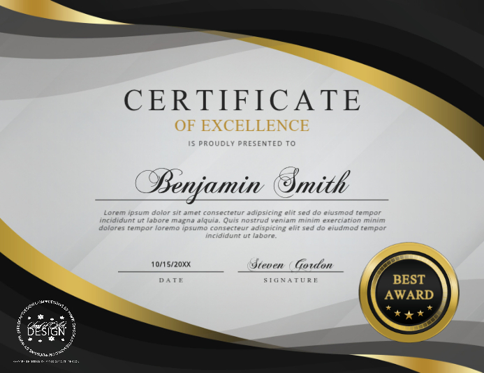 Elegant Certificate of Excellence Black & Gold Award Flyer Template ...