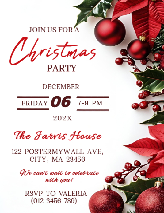 Elegant Christmas Party Invitation with Red & Green Floral Ornaments ...