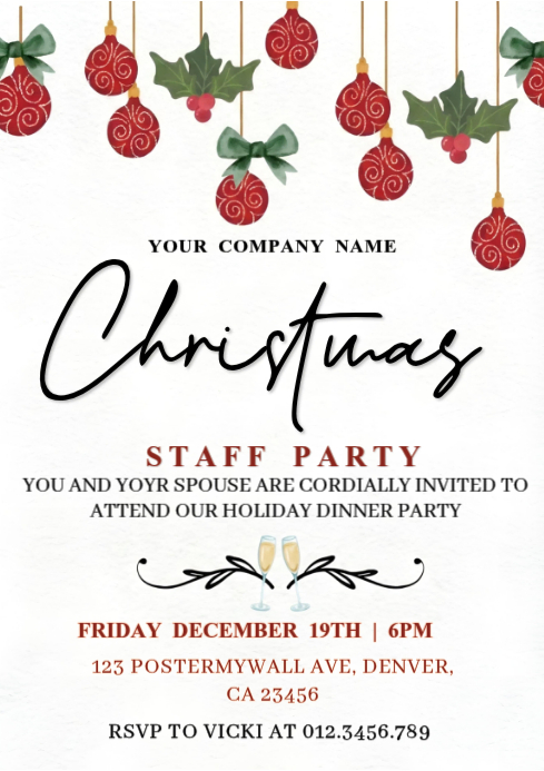 Elegant Christmas Staff Party Invitation Template – Holiday Dinner ...