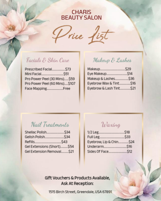 Copy of Elegant Floral Beauty Salon Price List Template Instagram ...