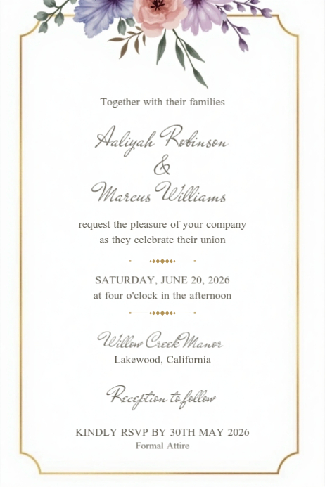 Elegant Floral Wedding Invitation Card Save The Date Spring Lilac Gold ...