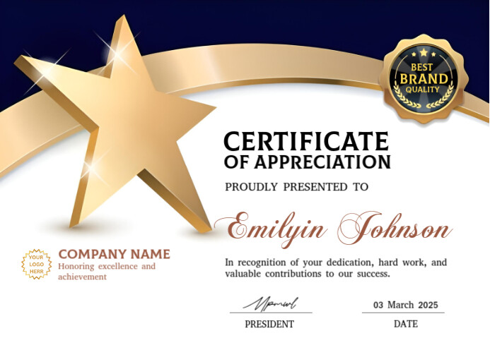 Elegant Gold Star Certificate of Appreciation Template | PosterMyWall