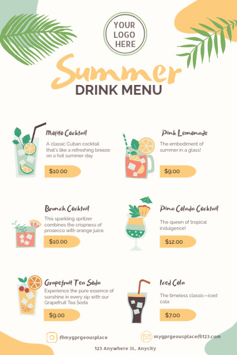 Elegant Ilustrated Tropical Summer Drinks Menu Template | PosterMyWall