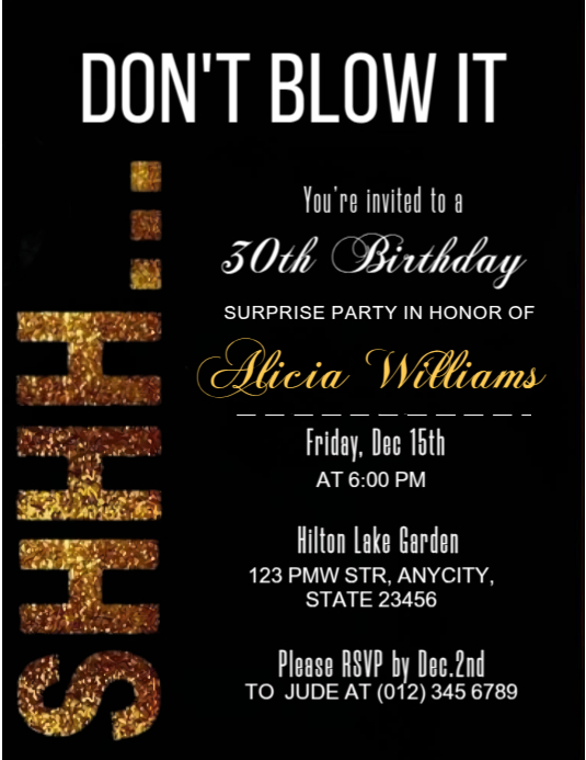 Elegant Surprise Birthday Invitation Flyer – Black & Gold Glitter ...