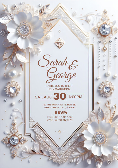 Elegant White and Gold Wedding Invitation Template | PosterMyWall