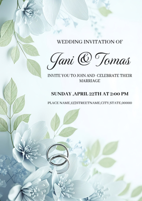 elegant white flowers and wedding ring invitation card Template ...