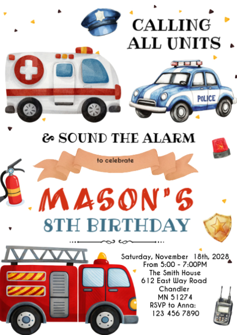 Emergency vehicles party invitation Template | PosterMyWall