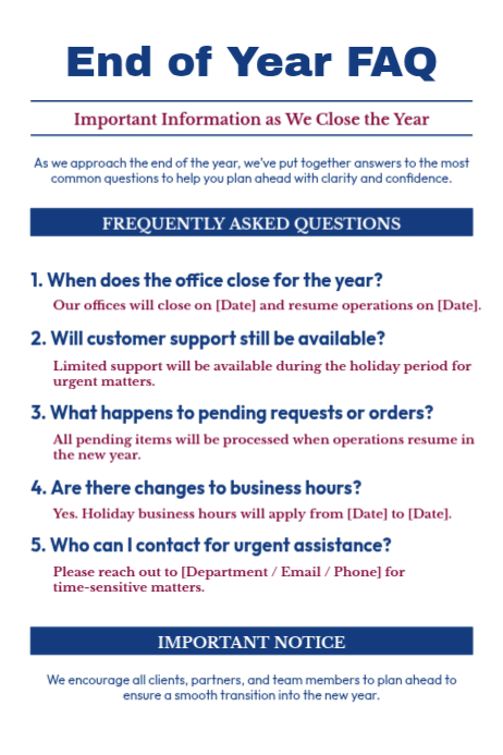 End of Year FAQ Business Office Closure Holiday Operations Notice ...