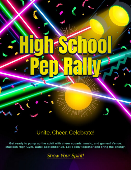 Plantilla de Energetic neon pep rally school event flyer design ...
