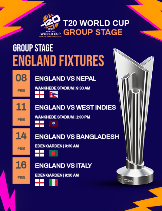 England t20 world cup fixtures Template | PosterMyWall