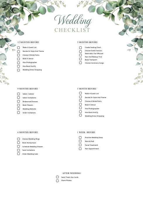 Plantilla de Eucalyptus Wedding Checklist Planner | PosterMyWall