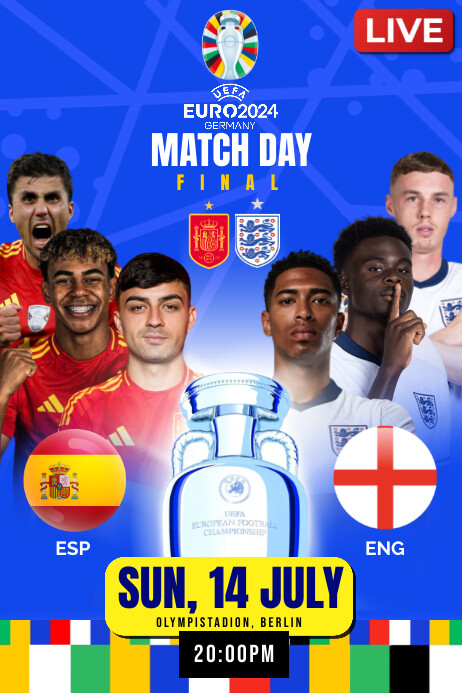 EURO 2024 MATCH DAY FINAL SPAIN VS ENGLAND Template | PosterMyWall