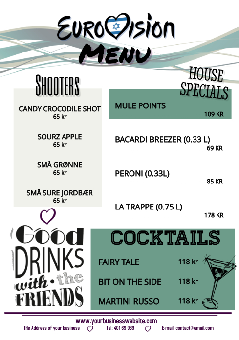 Eurovision Disco Party Tel Aviv'19 Themed Party Drinks Menu Template ...