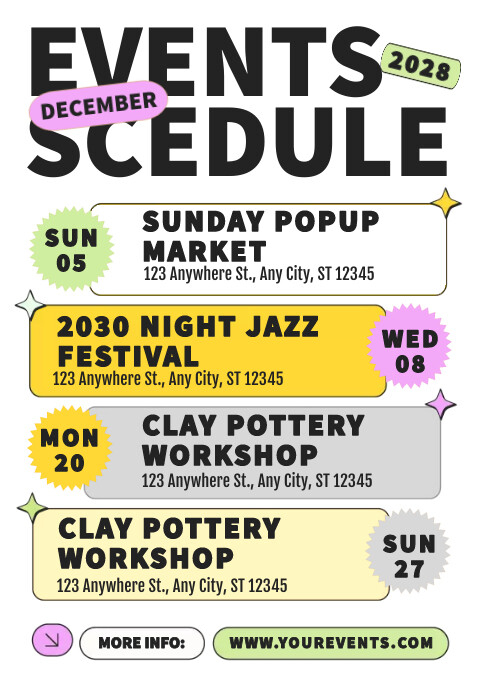Events Schedule Flyer Colorful Playful Bold Template | PosterMyWall