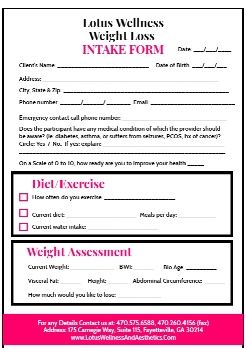 Lotus Wellness Weight Loss Intake Form | PosterMyWall