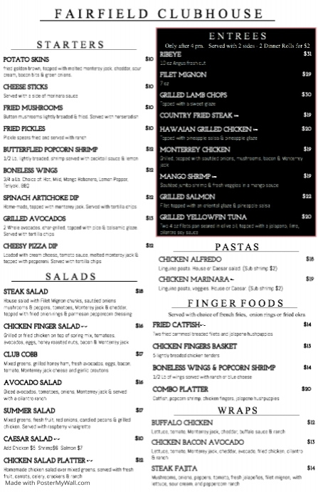 Fairfield Clubhouse menu - DINNER -1 | PosterMyWall