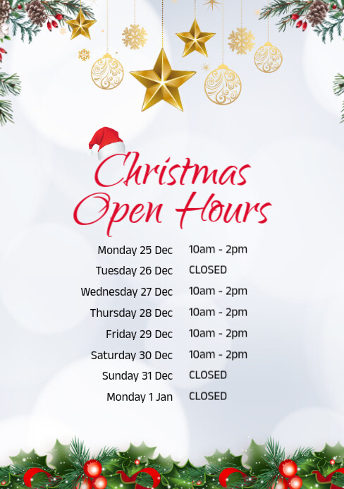 Red And White Festive Christmas Open Hours Flyer A5 Template | PosterMyWall
