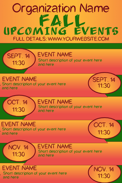 Fall Autumn Upcoming Events Calendar 5 Template | PosterMyWall