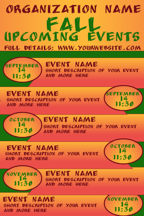 Fall Autumn Upcoming Events Calendar Template | PosterMyWall
