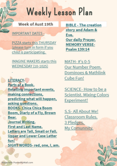 Peach weekly lesson plan | PosterMyWall