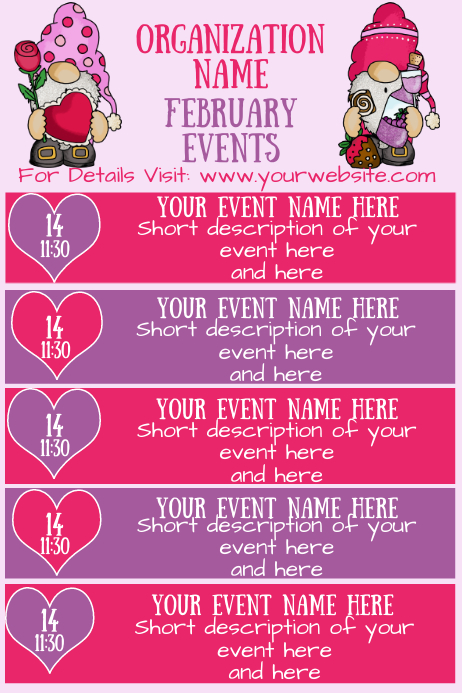 Copy of February Gnomes Events Calendar | PosterMyWall