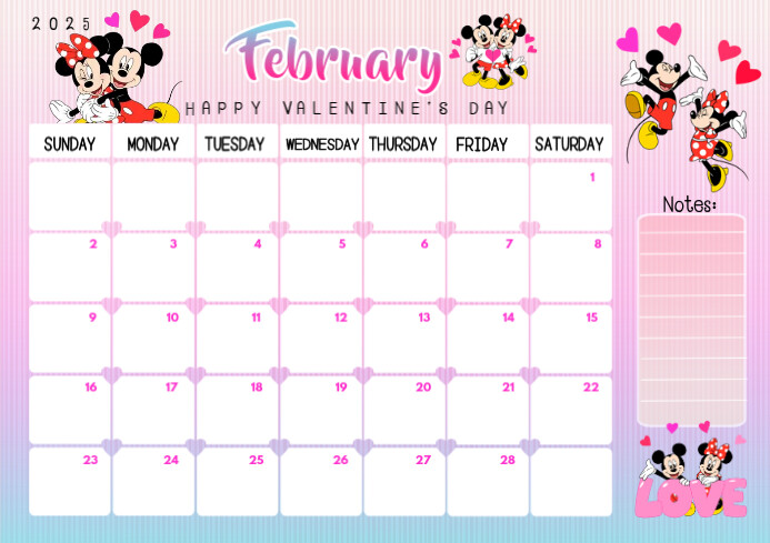 February Mickey and Minnie 2025 Calendar Valentine's Day Template | PosterMyWall