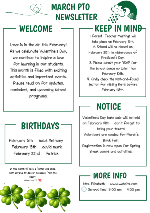 February Newsletter Template for Schools – Valentine Theme | PosterMyWall