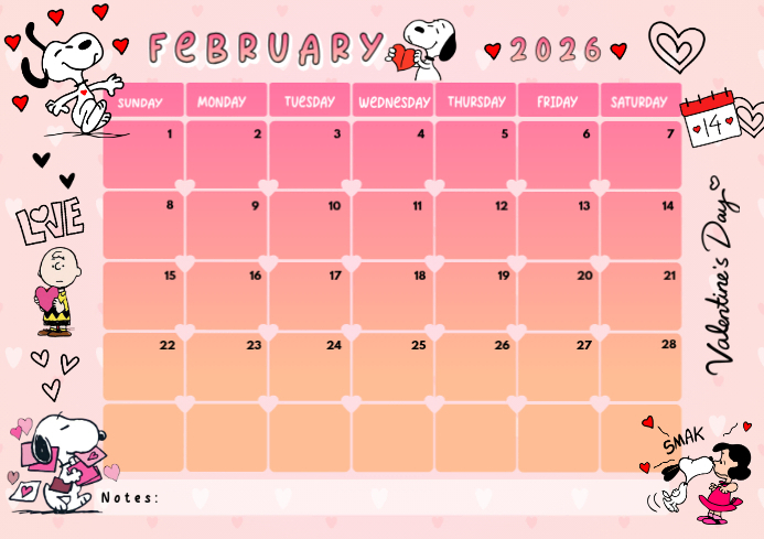 February Snoopy 2025 Calendar Valentine's Day Template | PosterMyWall