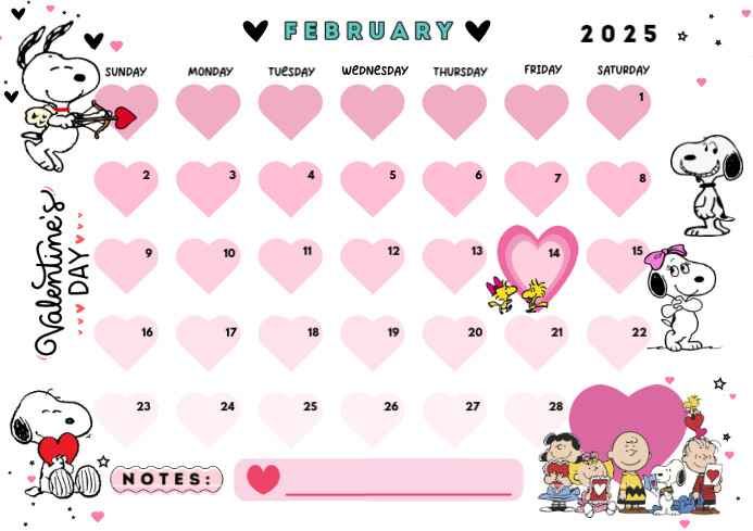 February Snoopy 2025 Calendar Valentine's Day Template | PosterMyWall