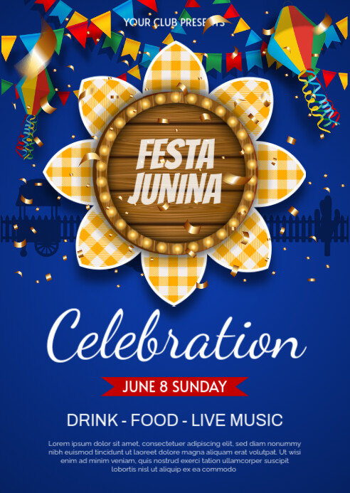 festa junina celebration poster with sunflower shaped banner and ...