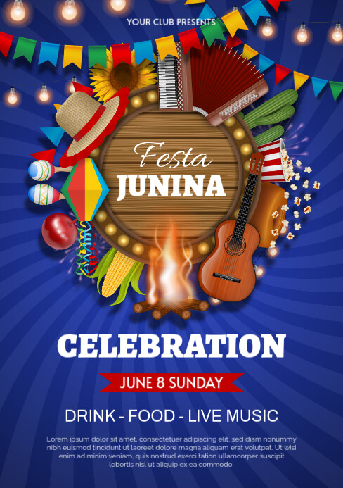 festa junina celebration poster with wooden signboard, colorful ...