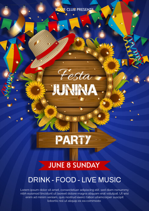 festa junina poster with wooden signboard and colorful pennants ...