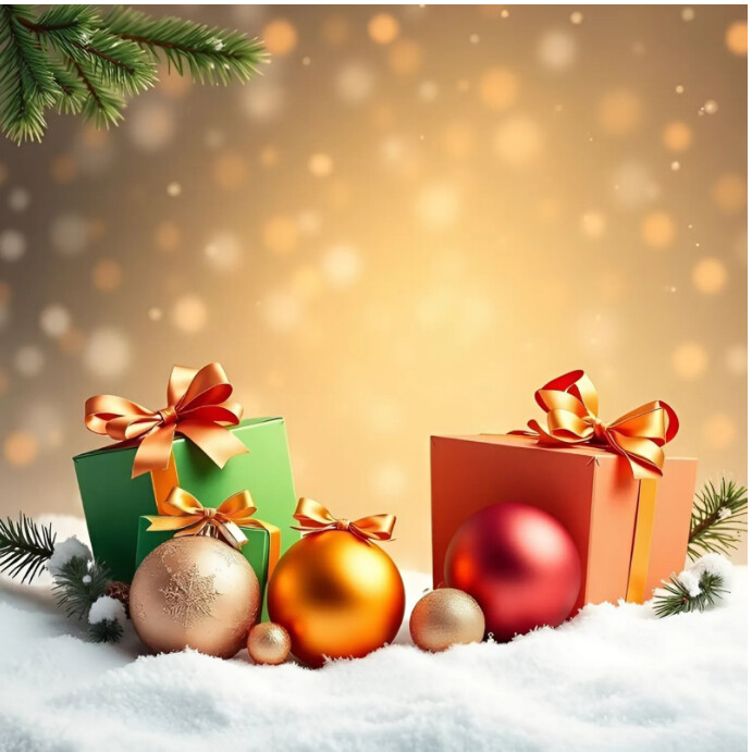 Festive Christmas Gift Boxes and Ornaments in Snow Template | PosterMyWall