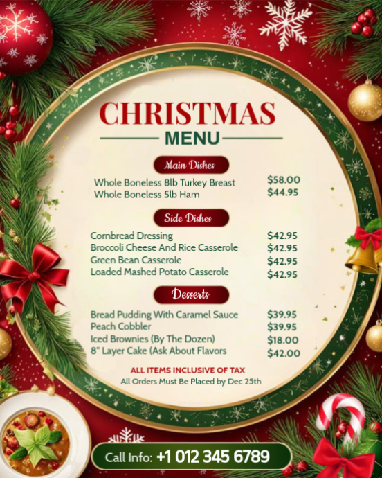 Festive Christmas Holiday Menu Flyer Template - Turkey Breast, Ham ...