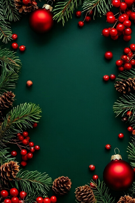 Festive Green Christmas Background with Red Ornaments and Pinecones ...