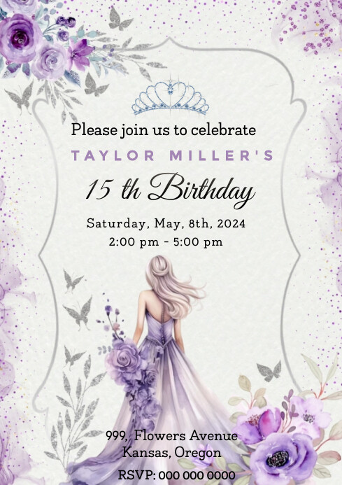 Fifteen Years Invitation Birthday Lilac Template | PosterMyWall