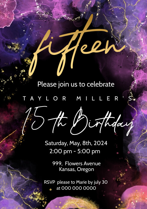 Plantilla de Fifteen Years Invitation Birthday Watercolor | PosterMyWall