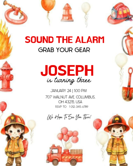Plantilla de Firefighter Birthday Party Invitation for Kids – Editable ...