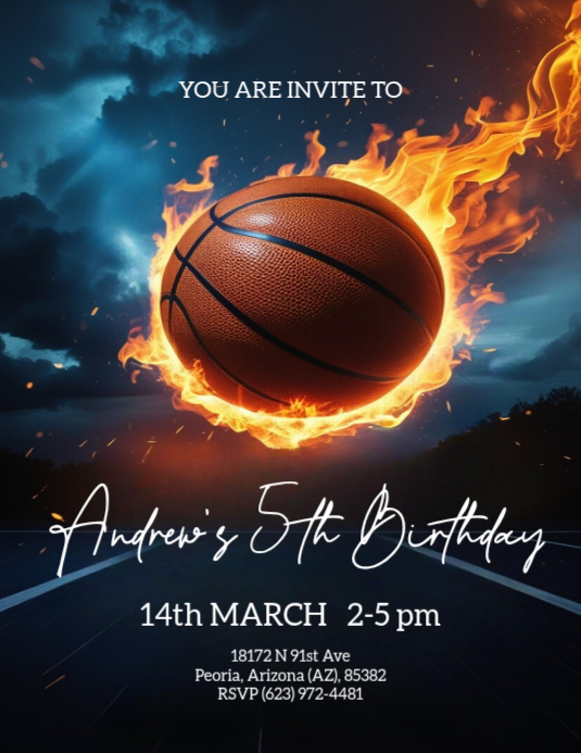 flaming basketball Birthday party invitation Template | PosterMyWall