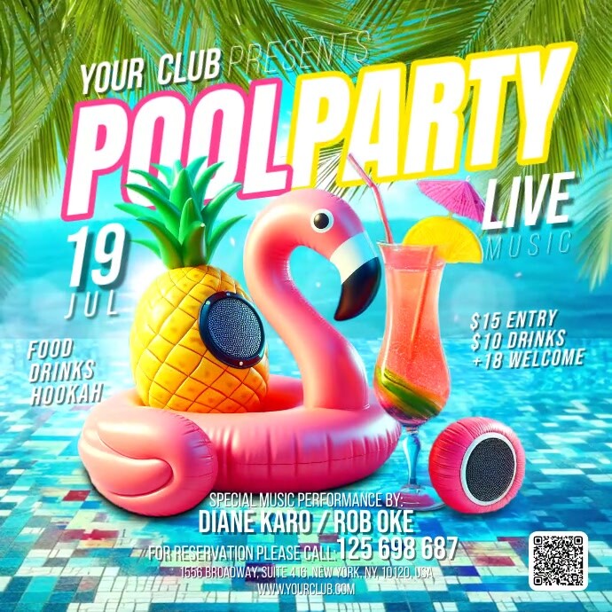 Flamingo Palm Pool Party Instagram Post Template | PosterMyWall