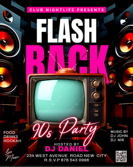 Flashback 90s party music retro vintage themed night throwback tbt dj event promotion flyer ...