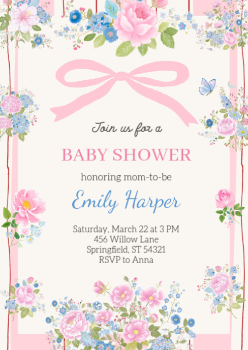 Plantilla de Floral Baby Shower Invitation, editable Floral Baby Shower ...