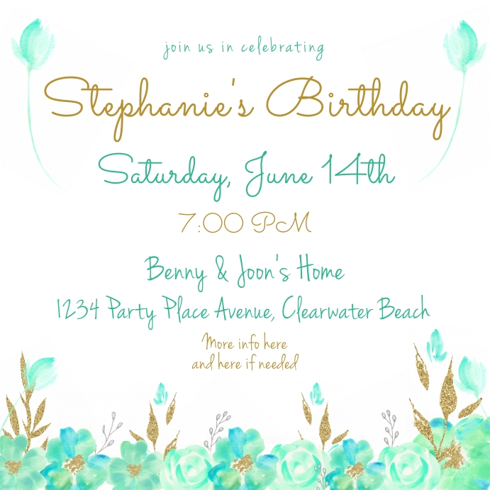 Floral Birthday Invitation Mint Gold Template | PosterMyWall